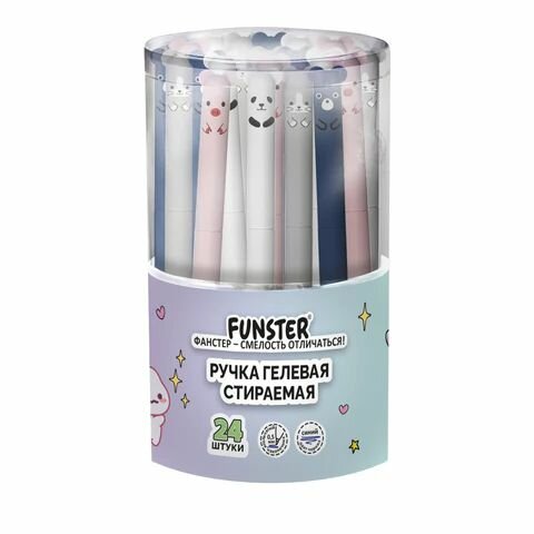 24 шт. Ручка стираемая гелевая FUNSTER (фанстер) "CUTE ANIMALS", синяя, корпус soft-touch ассорти, узел 0,5 мм, линия письма 0,35 мм, 144434