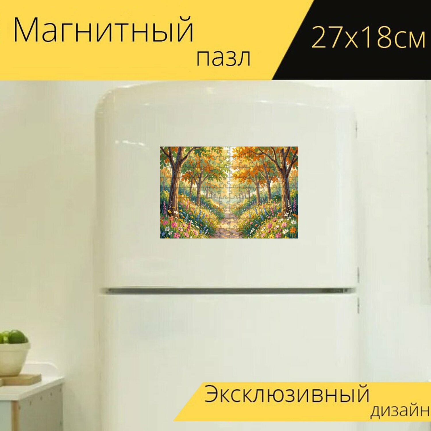 Магнитный пазл "Осенний лесной путь с цветами. Живописная аллея среди деревьев с золотой и оранжевой листвой, по краям полевые цветы в розовых, белых и." на холодильник 27 x 18 см.