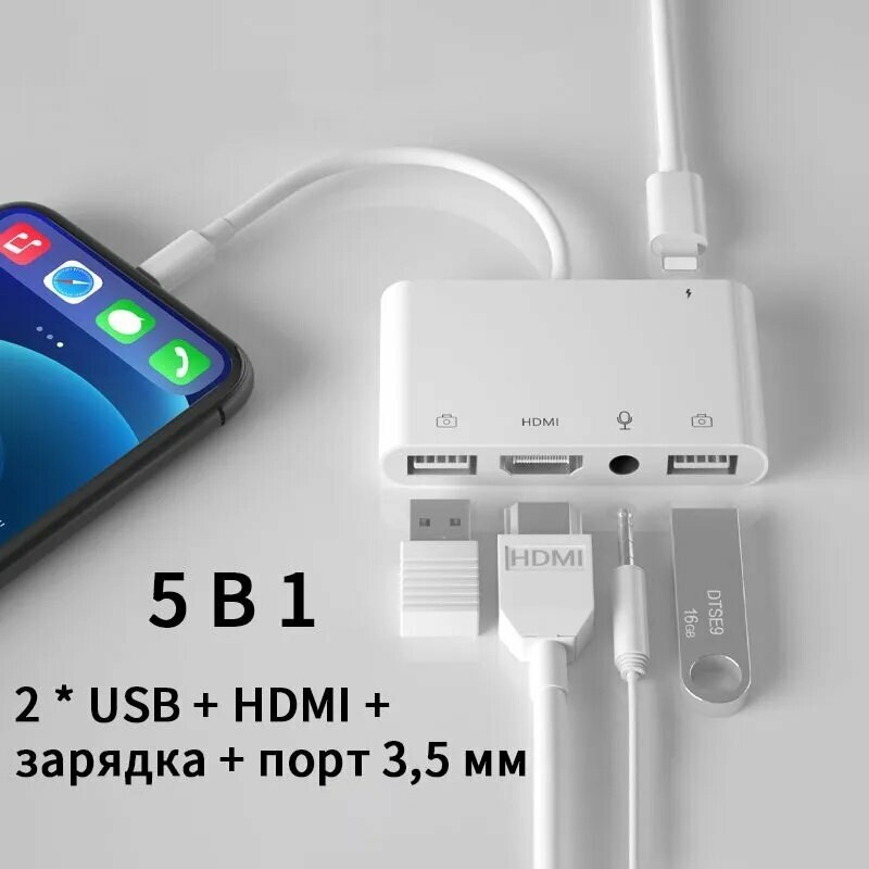 Цифровой Av-адаптер Lightning to HDMI 5 IN 1, двойной USB / OTG-концентратор для iPhone / iPad,