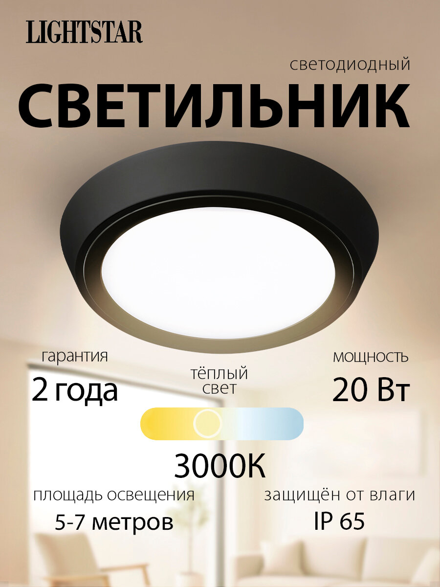 Светильник потолочный светодиодный влагозащищенный Lightstar URBANO 216972, IP65 для ванной и улицы, 3000K, 20W, круглый, черный