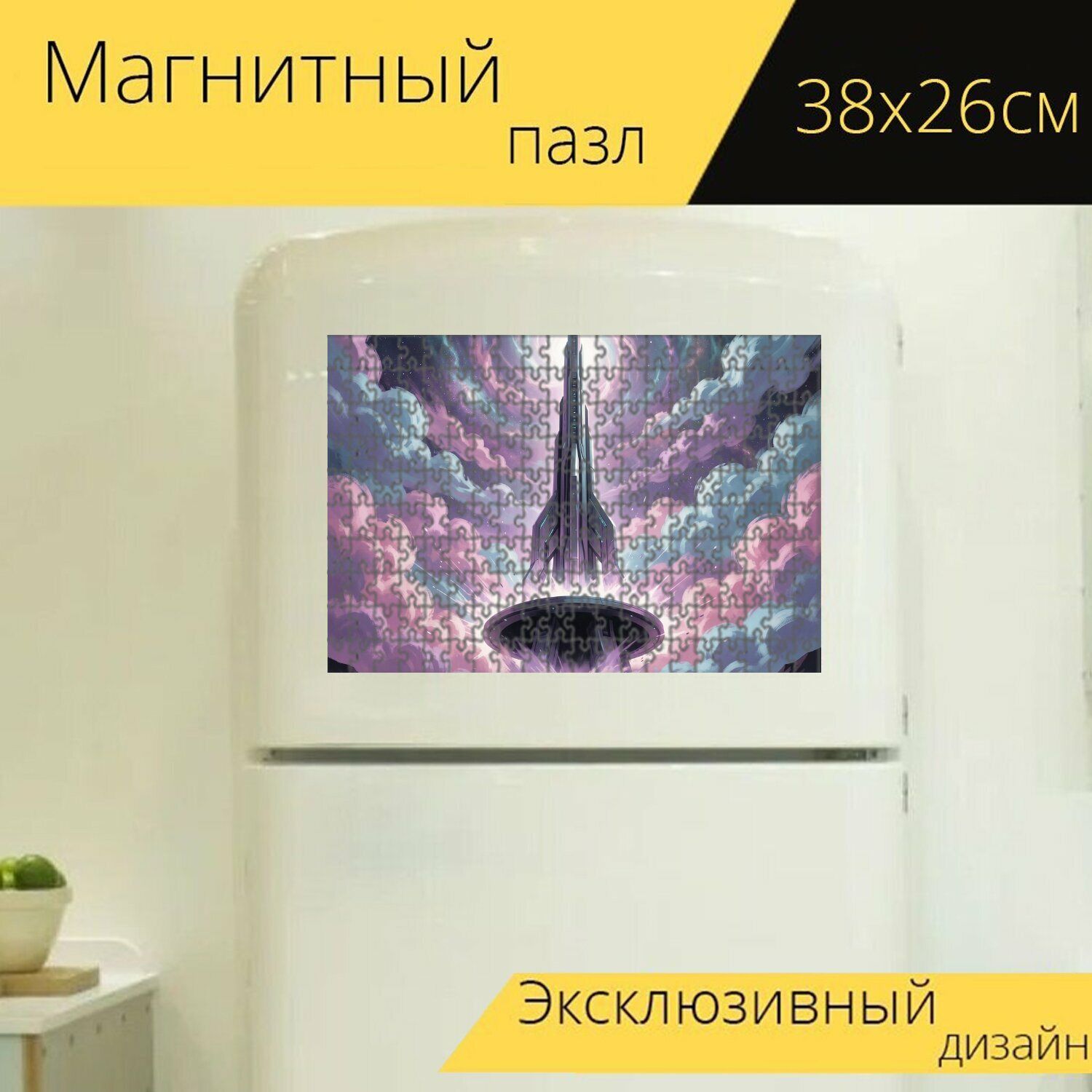 Магнитный пазл "Фантастическая башня в космосе. Научно-фантастический пейзаж с футуристическим шпилем, спиральной галактикой, звездным небом и силуэтами." для интерьера, 38х26 см.