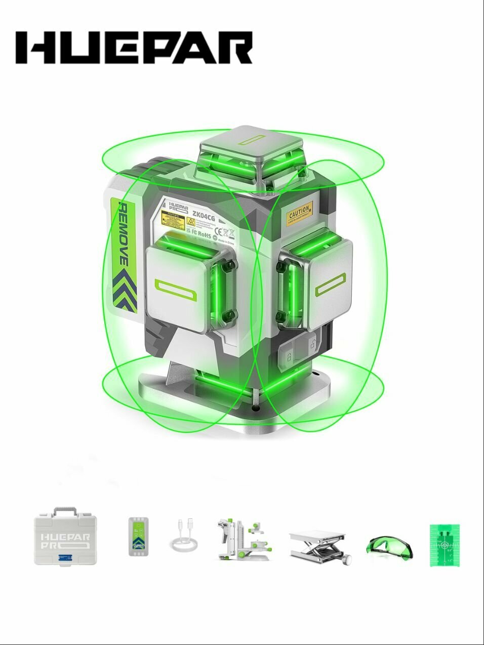 Лазерный уровень Huepar ZK04CG, зеленый луч, точность 1/13" на расстоянии 33 фута