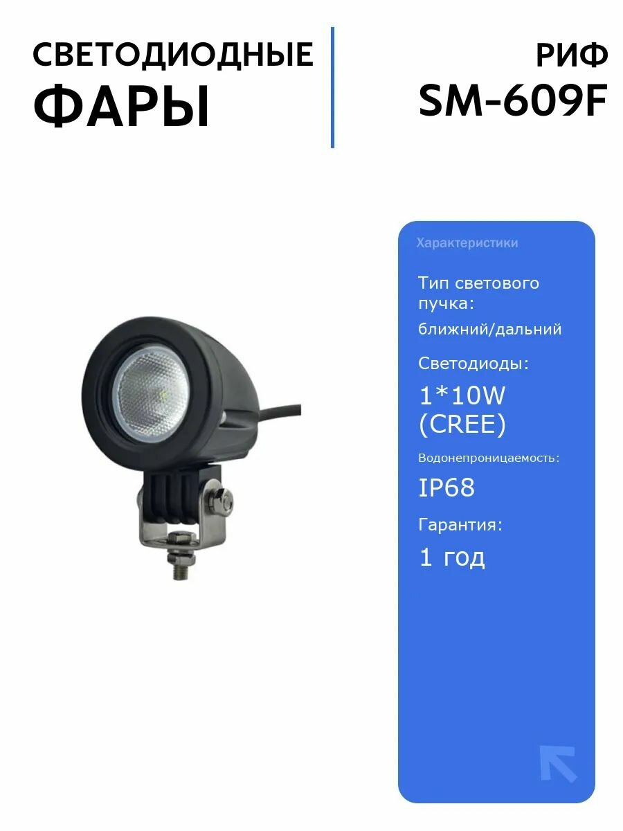 Светодиодная фара РИФ 57 мм 10W LED с влагозащитой и яркостью 720 лм, идеальна для автомобилей и внедорожников, экономия энергии