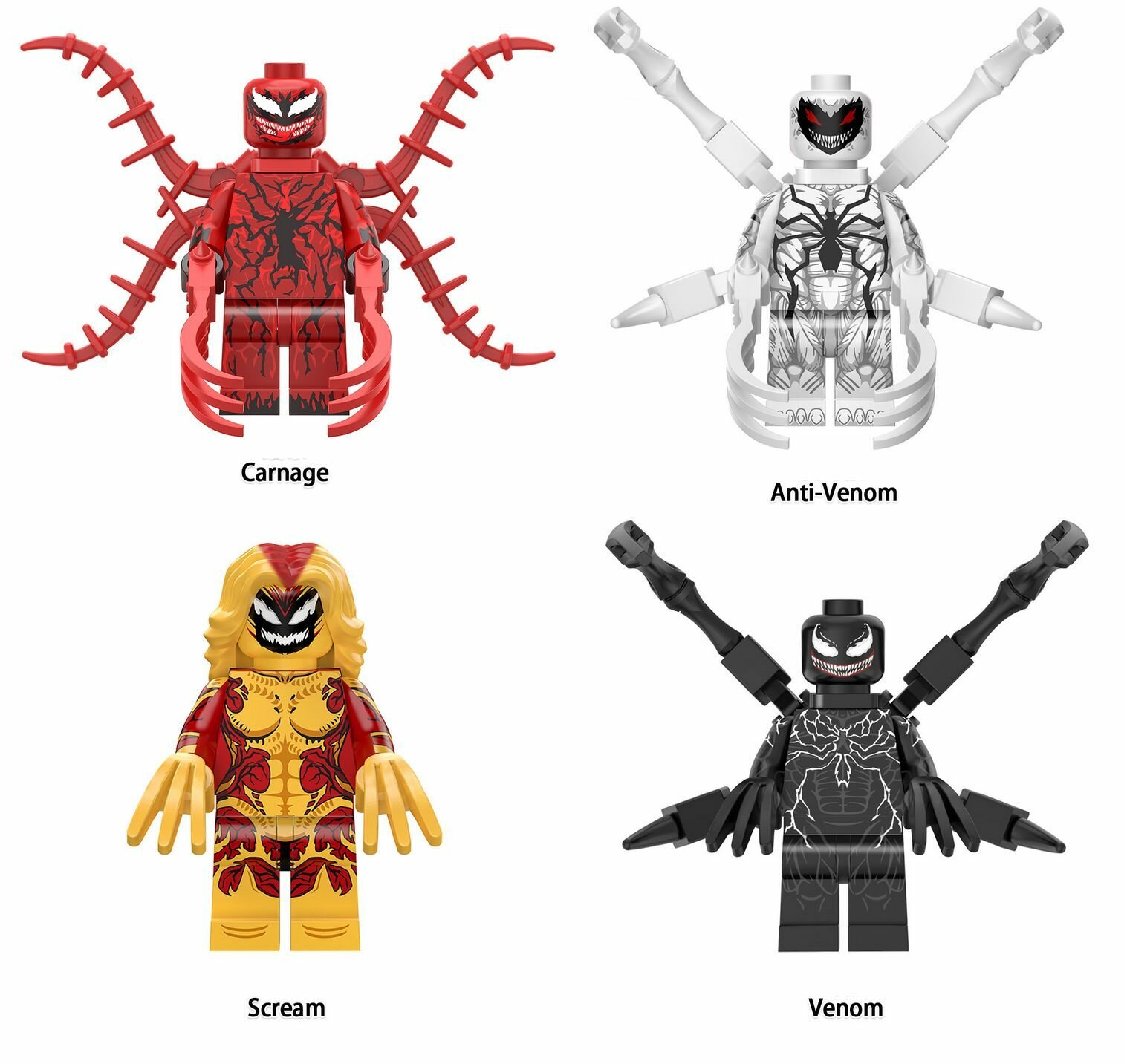 Набор минифигурок Веном, Карнаж, Анти Веном, Крик / Venom, Carnage, Anti Venom, Scream совместимы с конструкторами лего 4шт (4.5см, пакет)