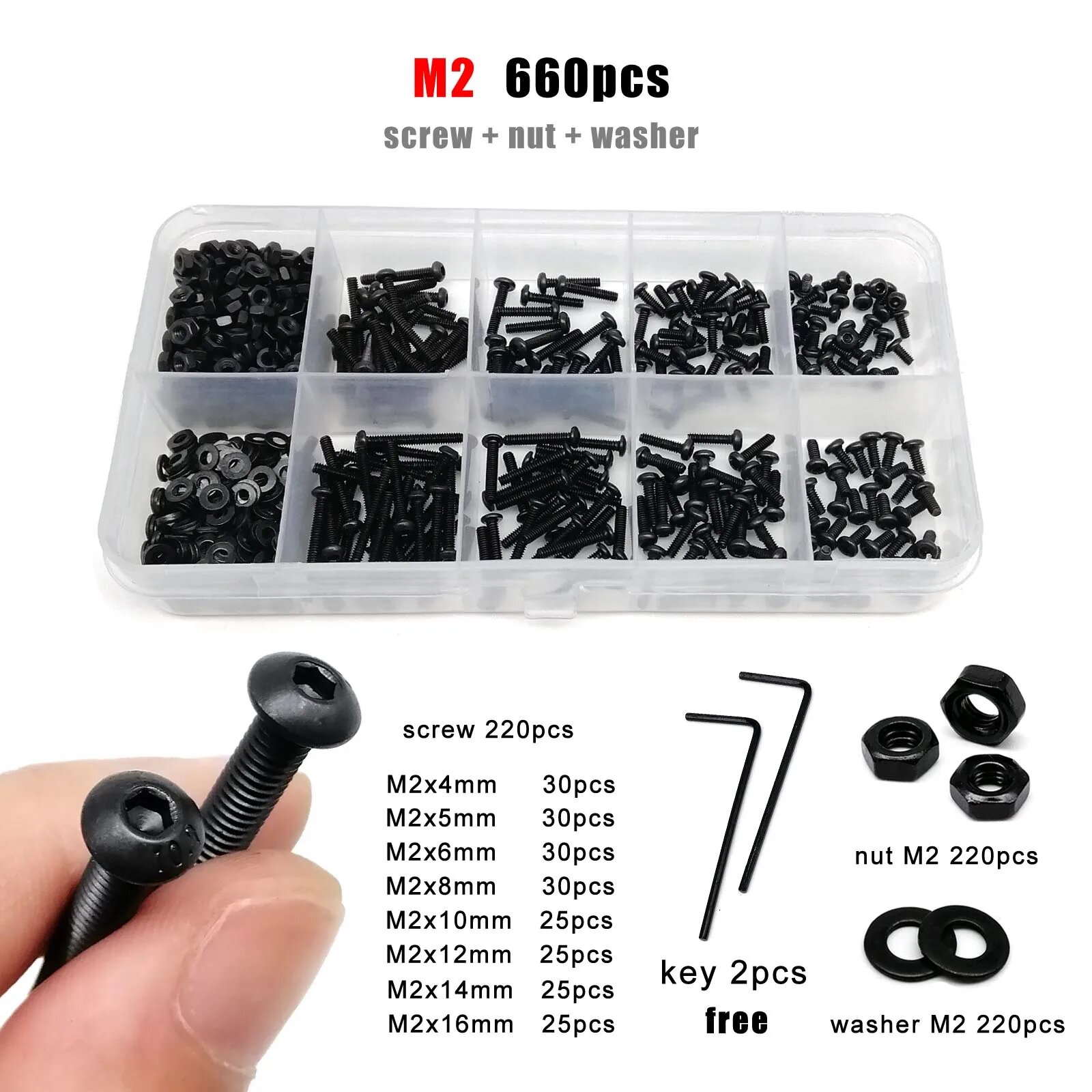 Набор крепежа M2 660pcs, черные винты, гайки, шайбы