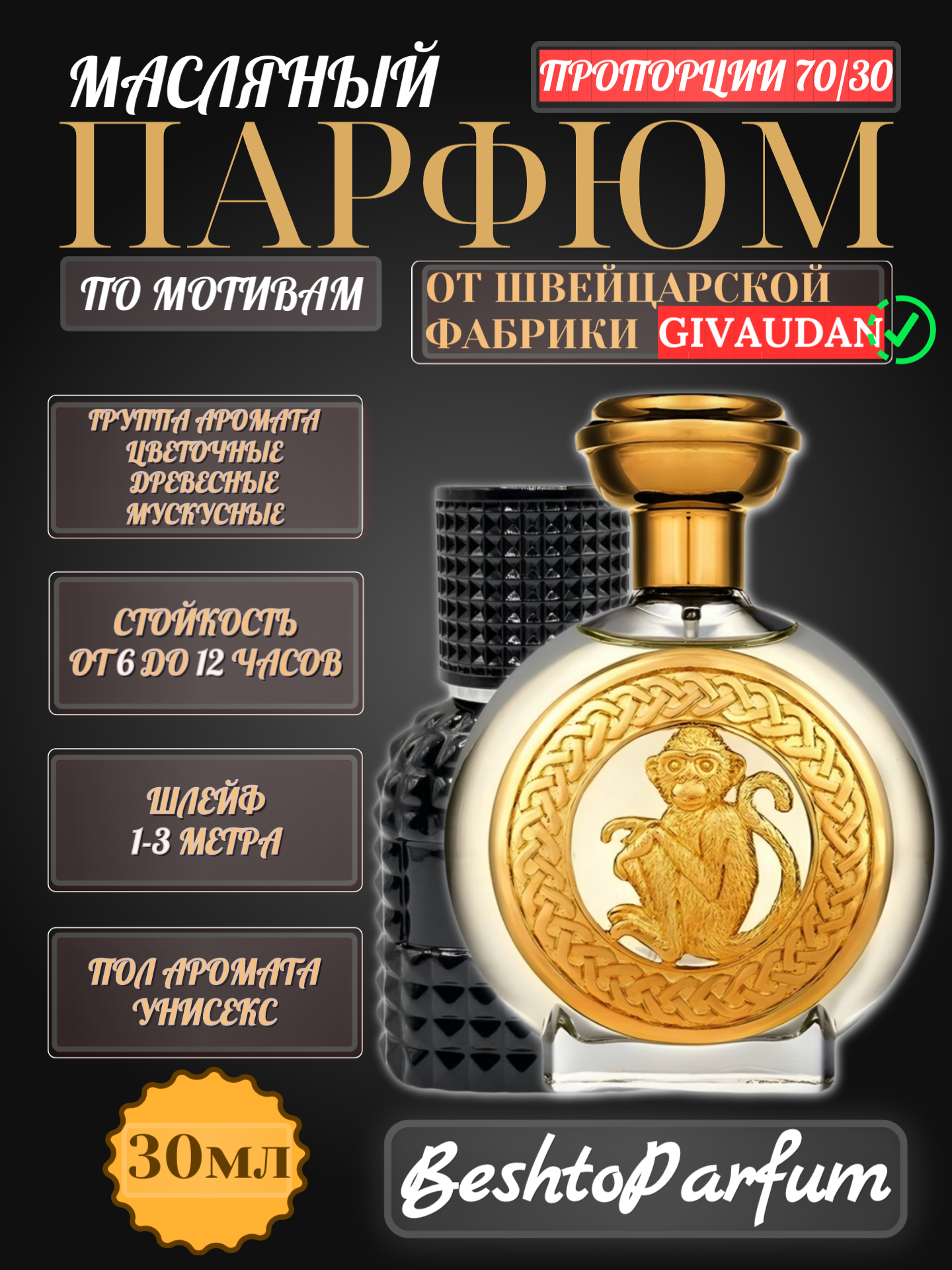 Масляные духи по мотивам Boadicea the Victorious Hanuman — стойкий цветочный древесно-мускусный унисекс аромат / 30мл