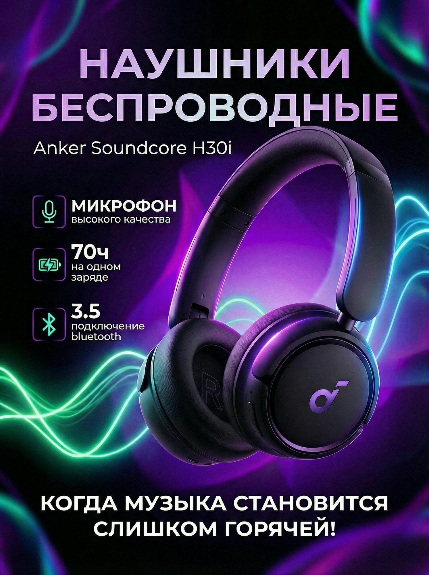 Наушники беспроводные большие Anker soundcore H30i, черный