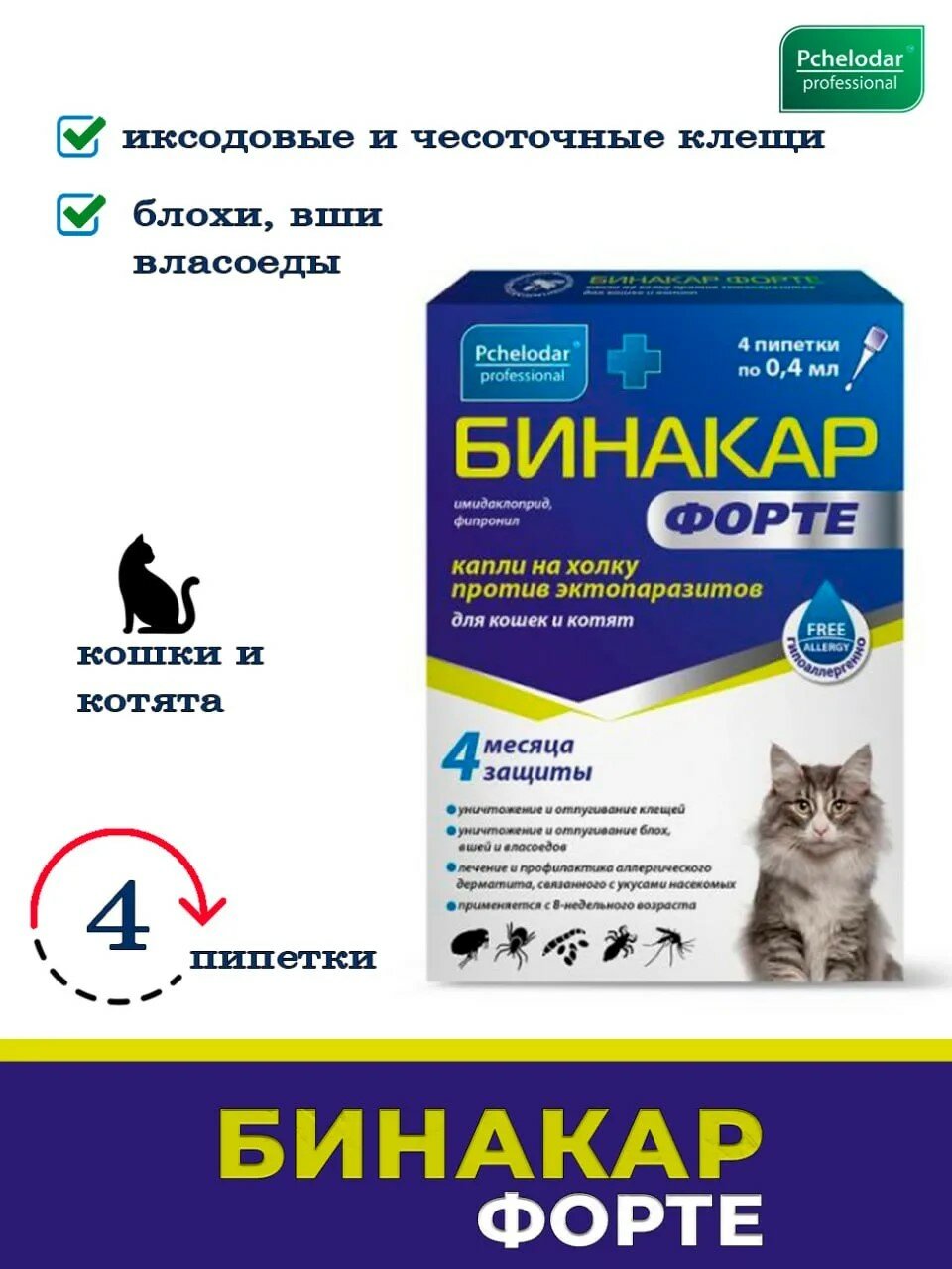 Бинакар форте капли для кошек и котят на 3-4 кг (4 пипетки по 0,4 мл)