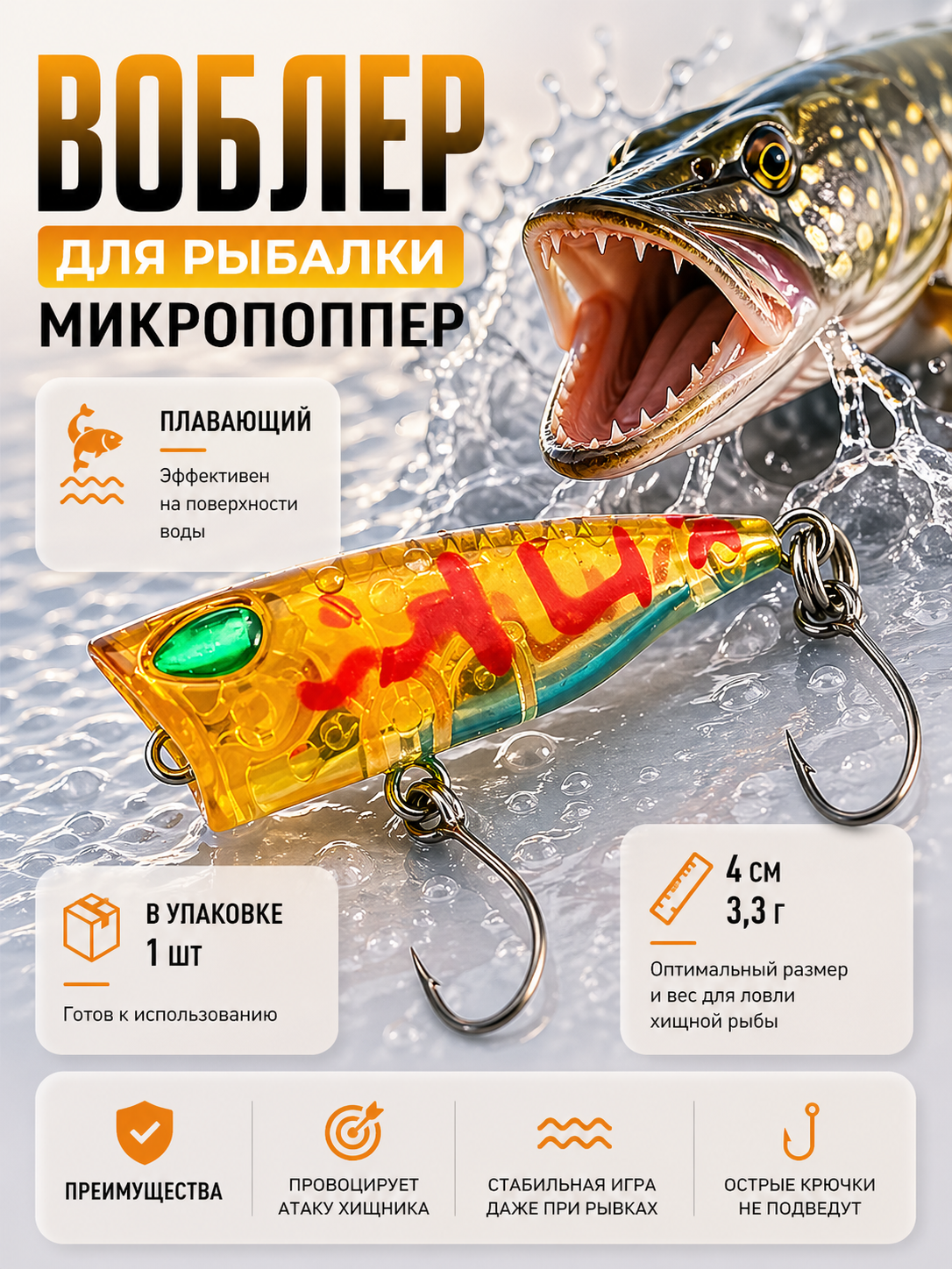 Воблер микропоппер, плавающая поверхностная приманка, с крючками, 4 см/3,3 г, золотисто-красная