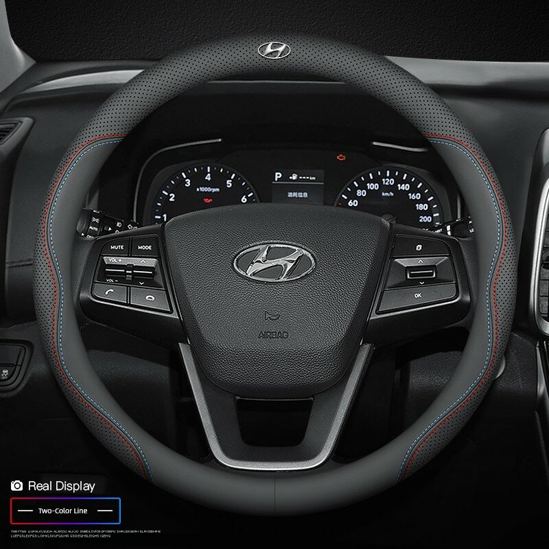 Ультратонкий чехол для руля Hyundai Elantra, Santa Fe, Sonata - Двойная нить, с логотипом автомобиля