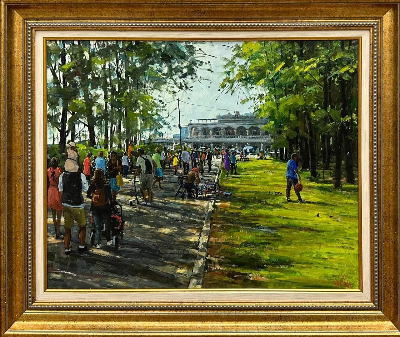 Картина маслом, летний пейзаж "Парк речного вокзала". Масло/МДФ, 2024. Размер 40х50. Автор Борис Коган.