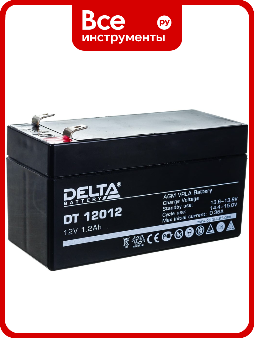 Аккумулятор Delta DT 12012, AGM, необслуживаемый, 1.2 Ач, черный