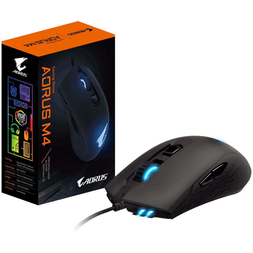 Мышь Gigabyte GM-AORUS M4 /USB MICE/IR/BK игровая, проводная (USB, 1.8м), 6400dpi, RTL {40} уц-4-1