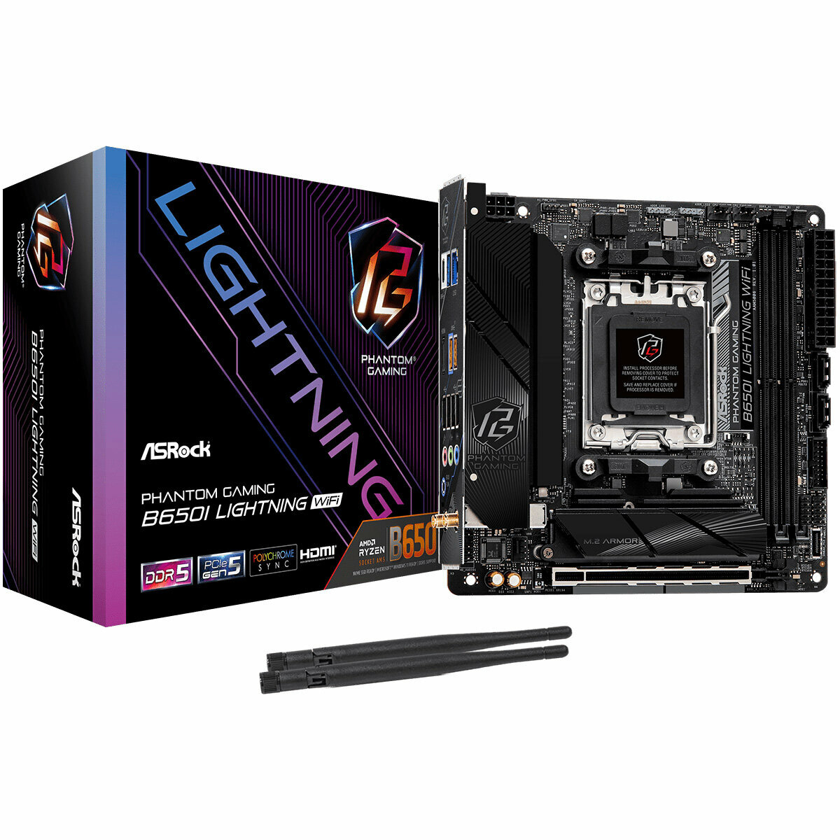 Материнская плата ASRock B650I LIGHTNING WIFI, || Socket AM5, AMD B650, 2xDDR5-5200, HDMI, 1xPCI-Ex16, 2xSATA3(RAID 0/1/10), 2xM.2, 8 Ch Audio, 1x2.5GLan, WiFi, (4+2)xUSB2.0, (3+2)xUSB3.2, (1+1)xUSB3.2 Type-C™, Mini-ITX, RTL, {} уц-2-1
