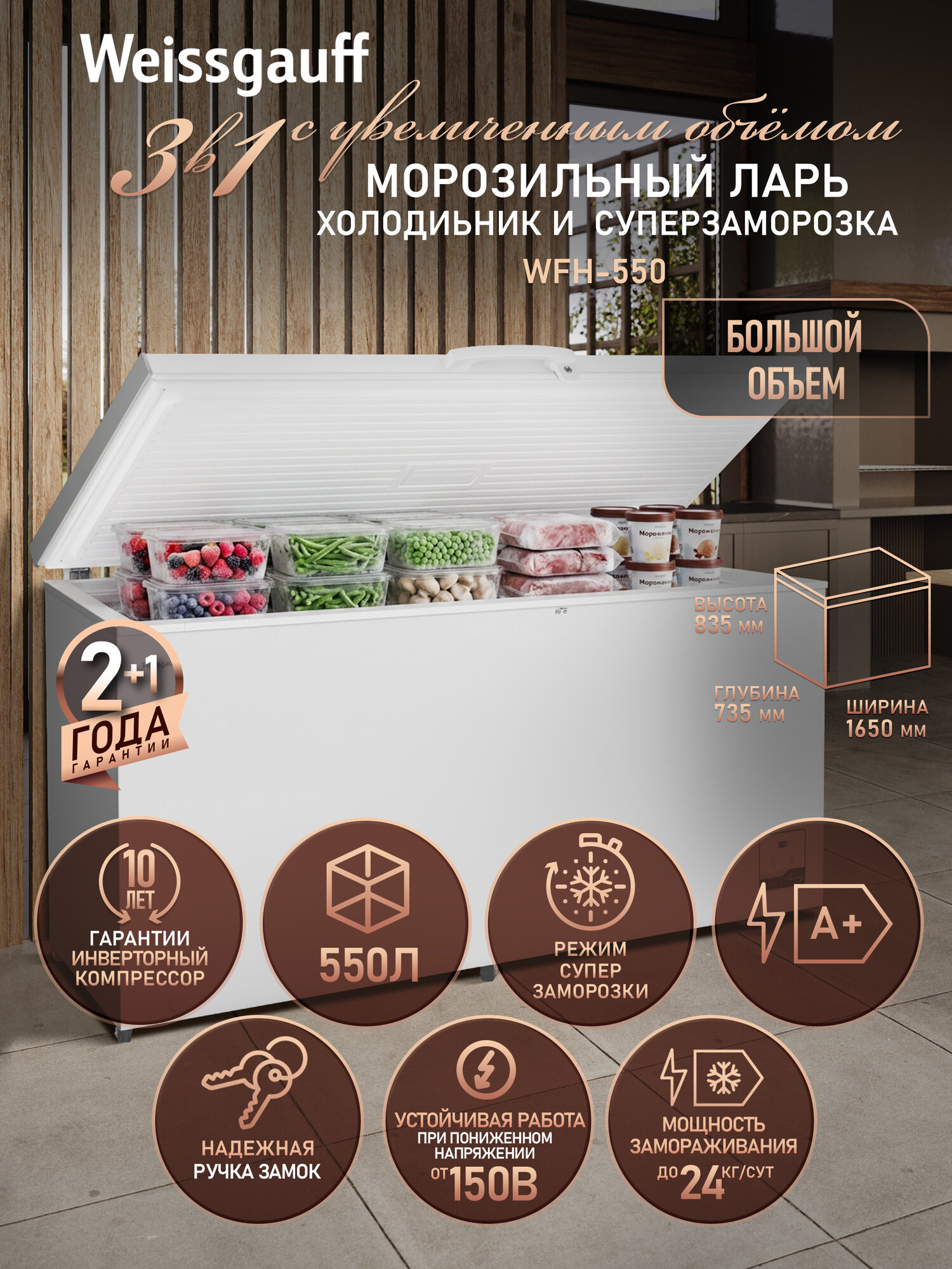 Морозильный ларь с инвертором и функцией холодильника Weissgauff WFH-550