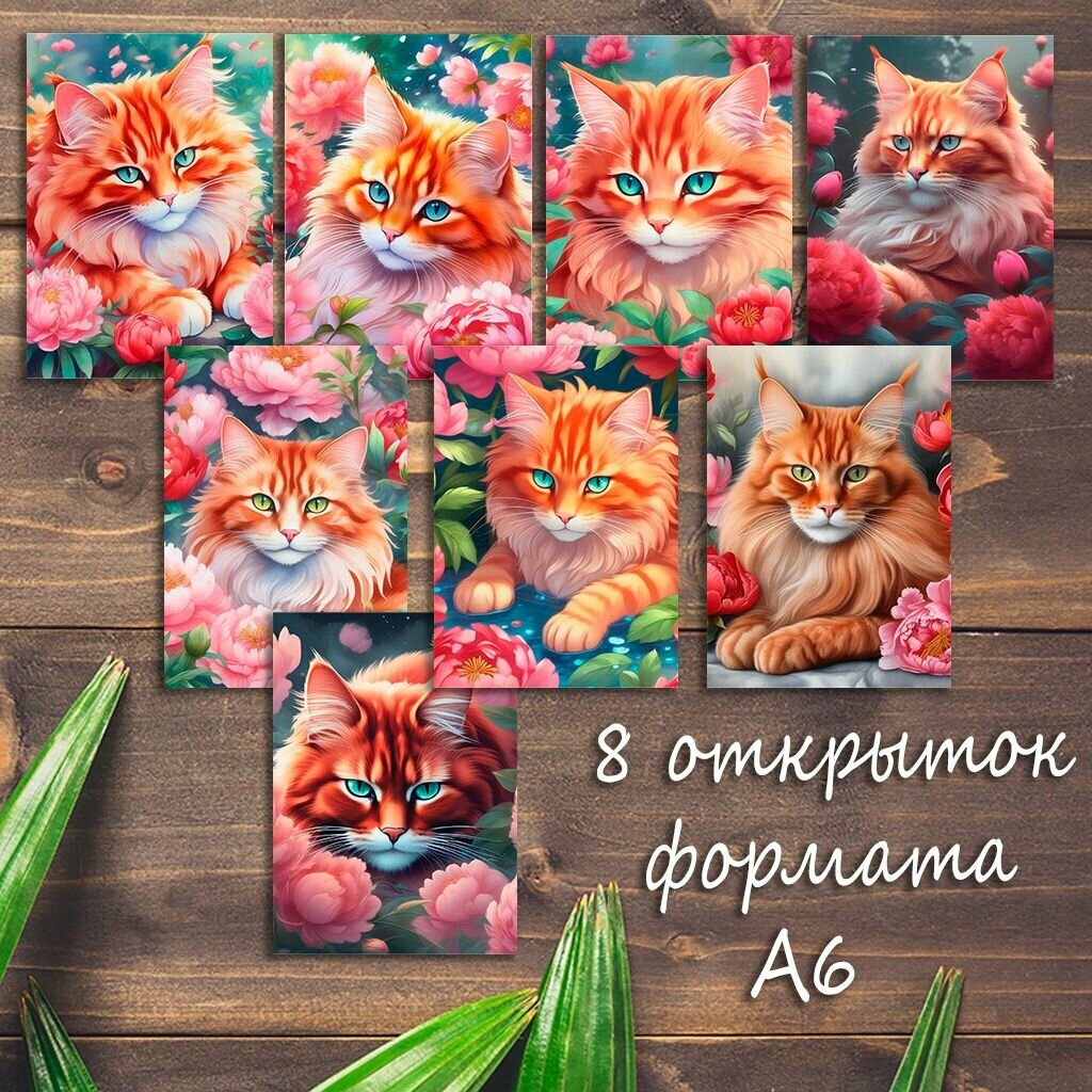 Большой набор открыток Рыжий кот с цветами, 8 штук