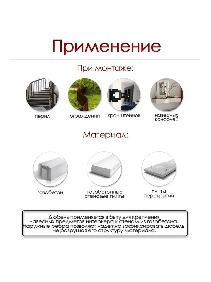 Нейлоновые дюбели для газобетона 10x60 мм, 100 шт