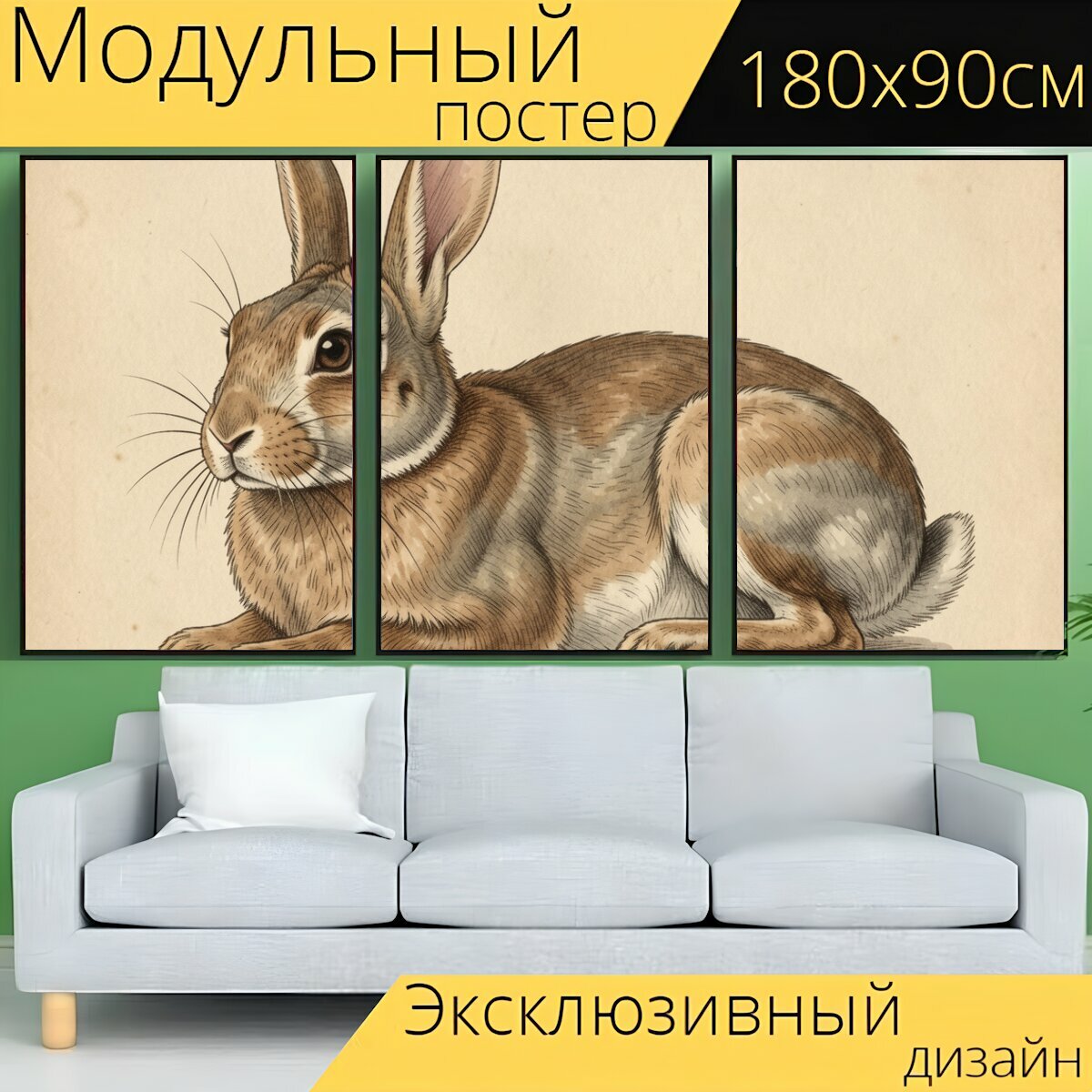 Модульный постер "Реалистичный заяц в покое. Лежащий ушастый зверёк в тёплых коричнево-бежевых оттенках, выполненный в винтажной." 180 x 90 см. для интерьера на стену в тубусе