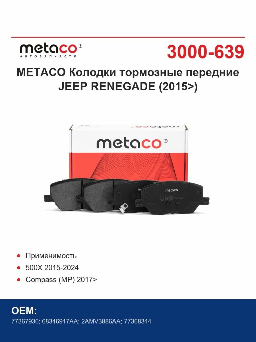 METACO Колодки тормозные передние JEEP RENEGADE (2015>)