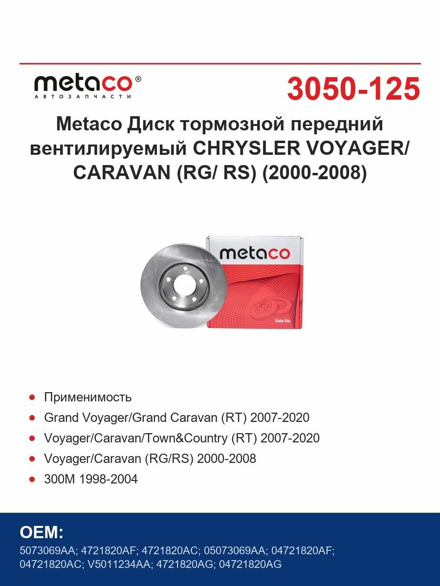 Metaco Диск тормозной передний вентилируемый CHRYSLER VOYAGER/ CARAVAN (RG/ RS) (2000-2008)