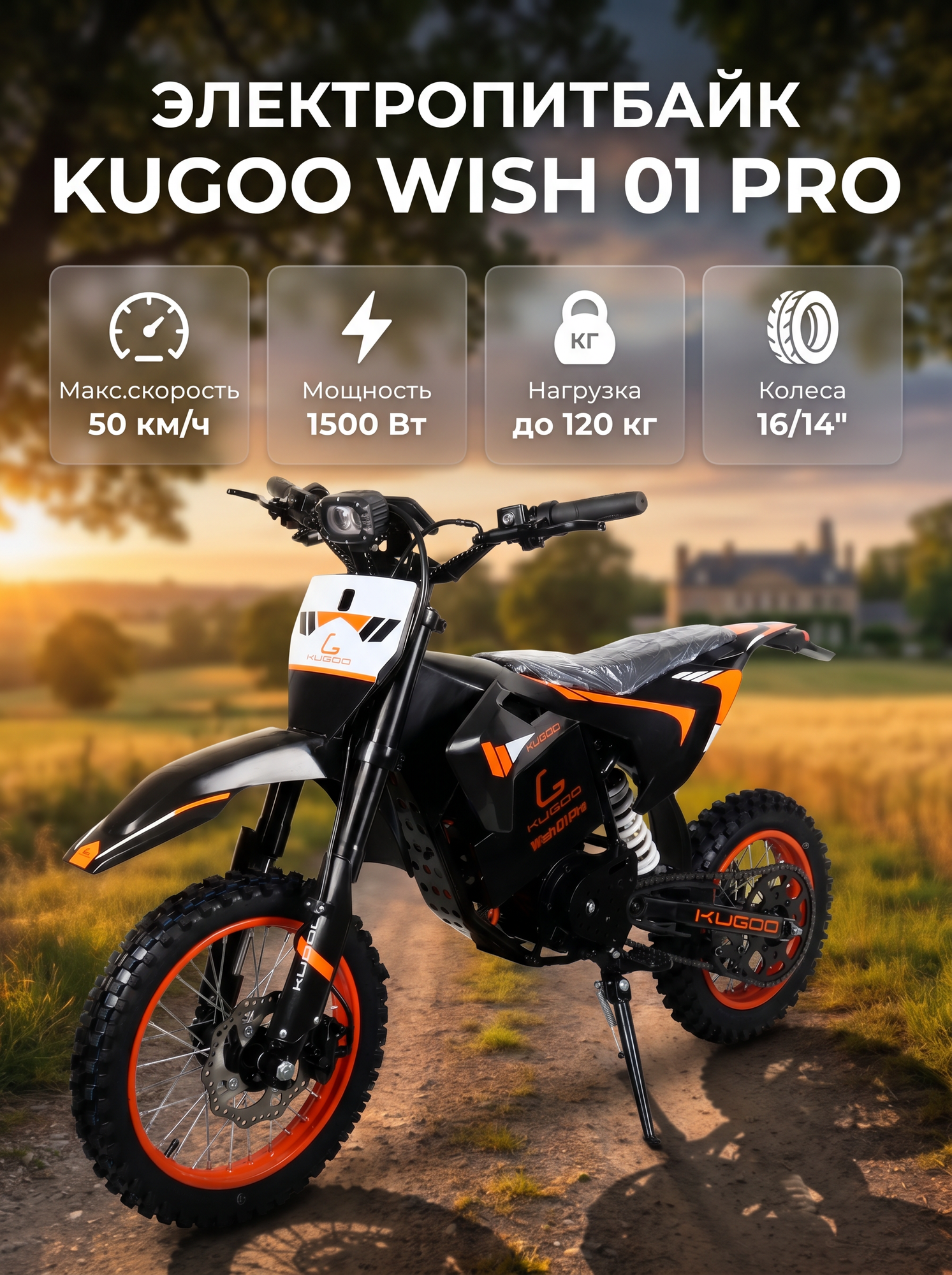 Электропитбайк Kugoo WISH 01 Pro 1500W 60V/21Ah R14/12 колеса