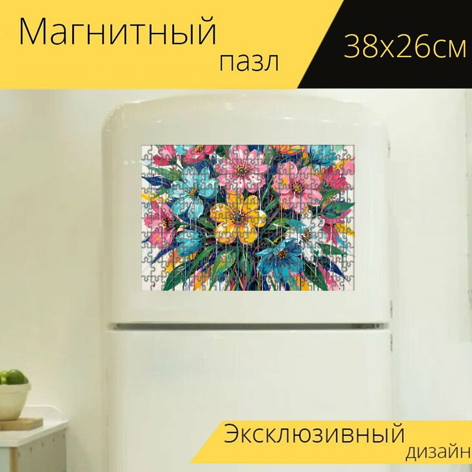 Магнитный пазл "Яркий букет полевых цветов. Сочная абстрактная флористика с крупными лепестками, брызгами краски и потёками. Розовые, голубые, жёлтые и." для интерьера, 38х26 см.