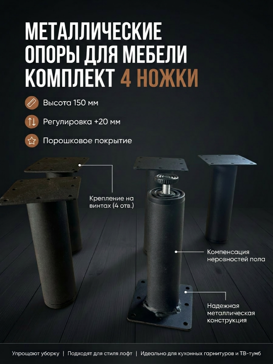 Комплект Ножек для мебели металлические регулируемые черные 15 см 4 шт.