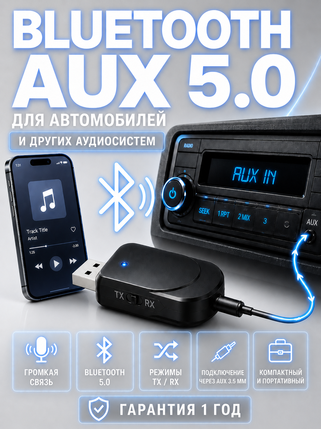 Блютуз даптер для для авто Bluetooth aux / блютуз для телевизора, музыкального центра