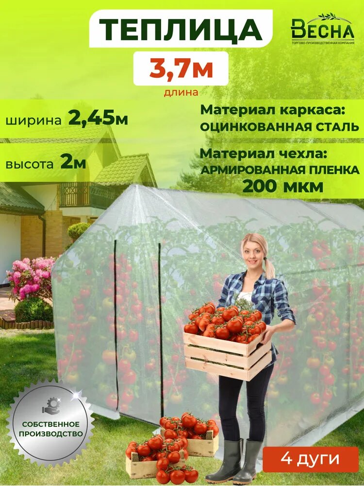 Теплица "Весна XL" длина 3,7м, ширина 2,45м высота 2м, армированная пленка 200мкм (130гр/м²), оцинкованная сталь