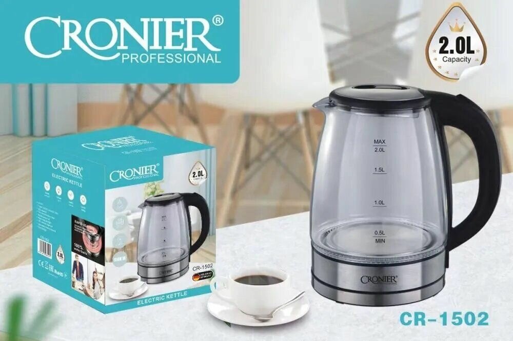 Электрический чайник "CRONIER CR-1502" стеклянный чайник с подсветкой (большой объем 2л )