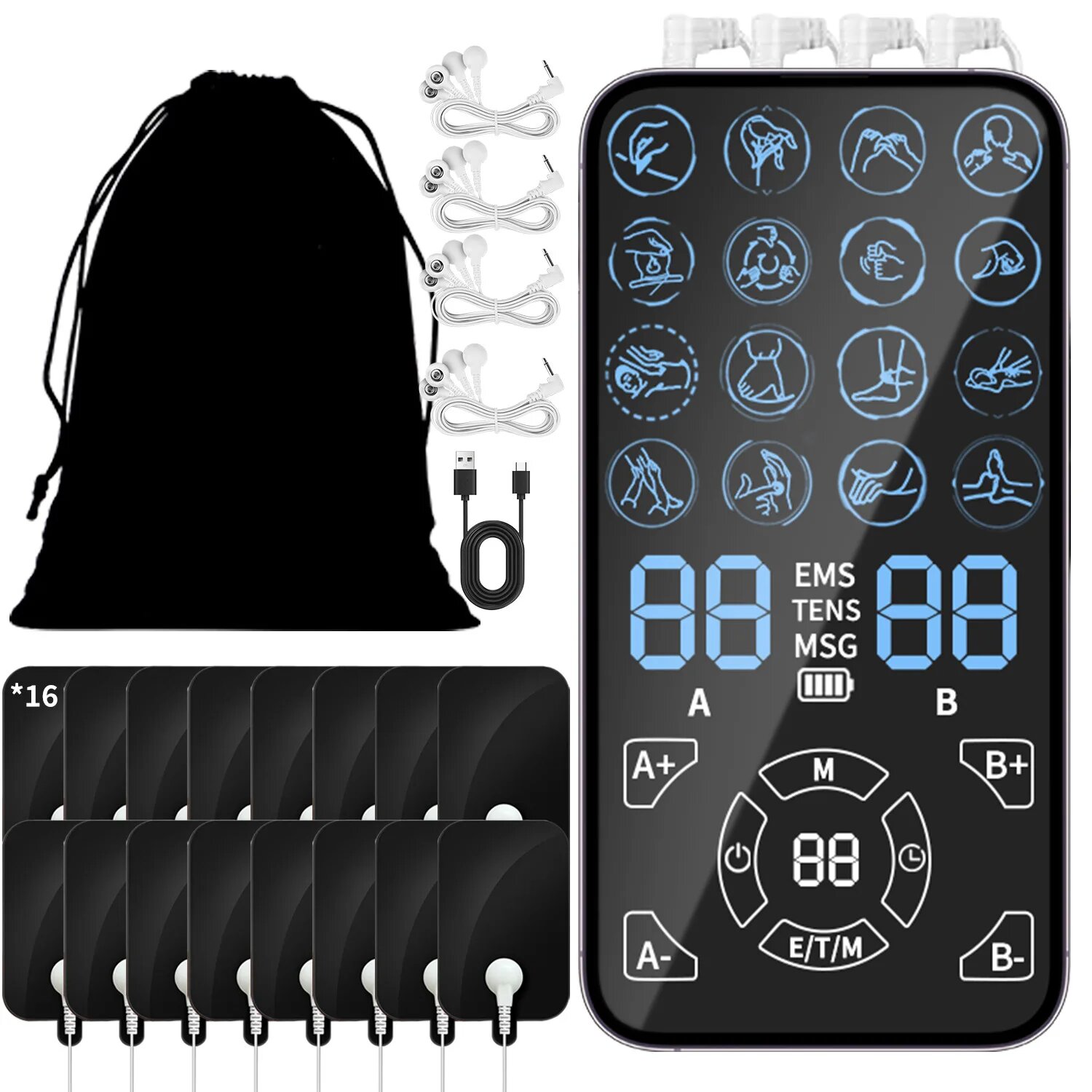 Электронный массажер TENS/EMS для акупунктуры мышц Set A-16patches