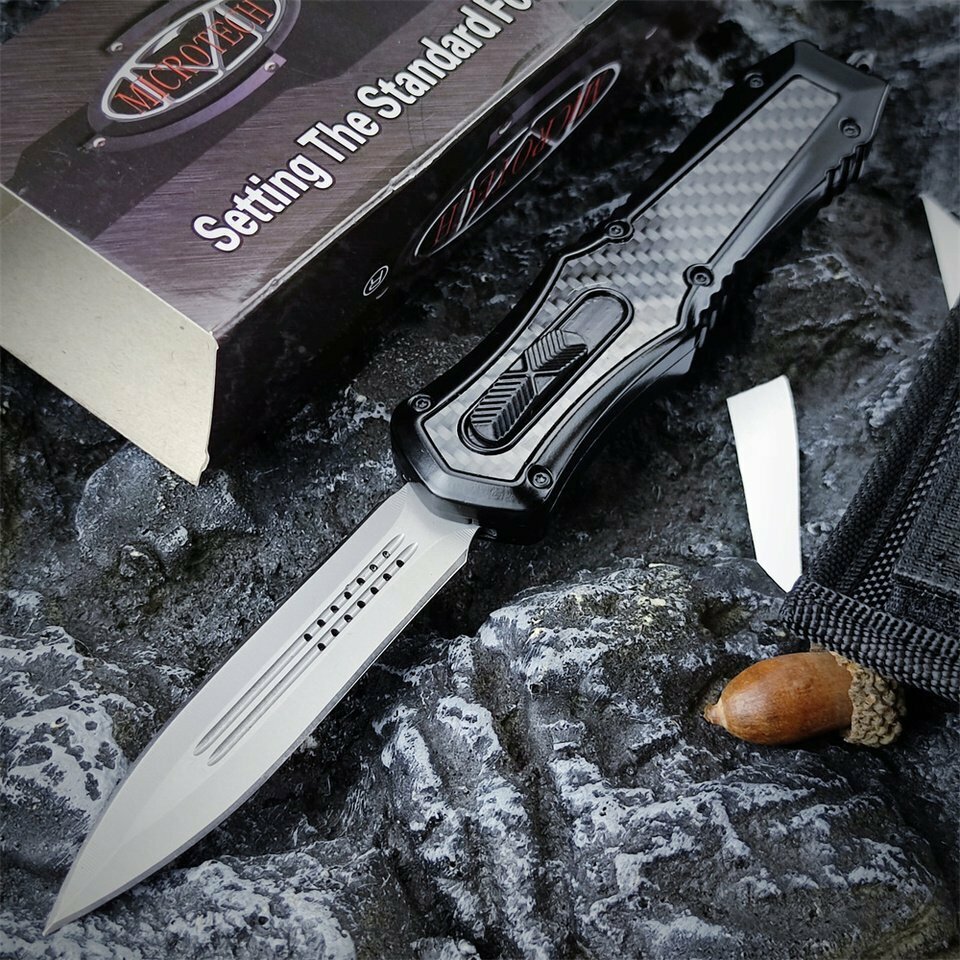 Тактический автоматический нож Microtech, лезвие 3.74 дюйма из стали 440C, рукоять из цинкового сплава с инкрустацией из угольного волокна, пружинный механизм, для охоты на открытом воздухе.
