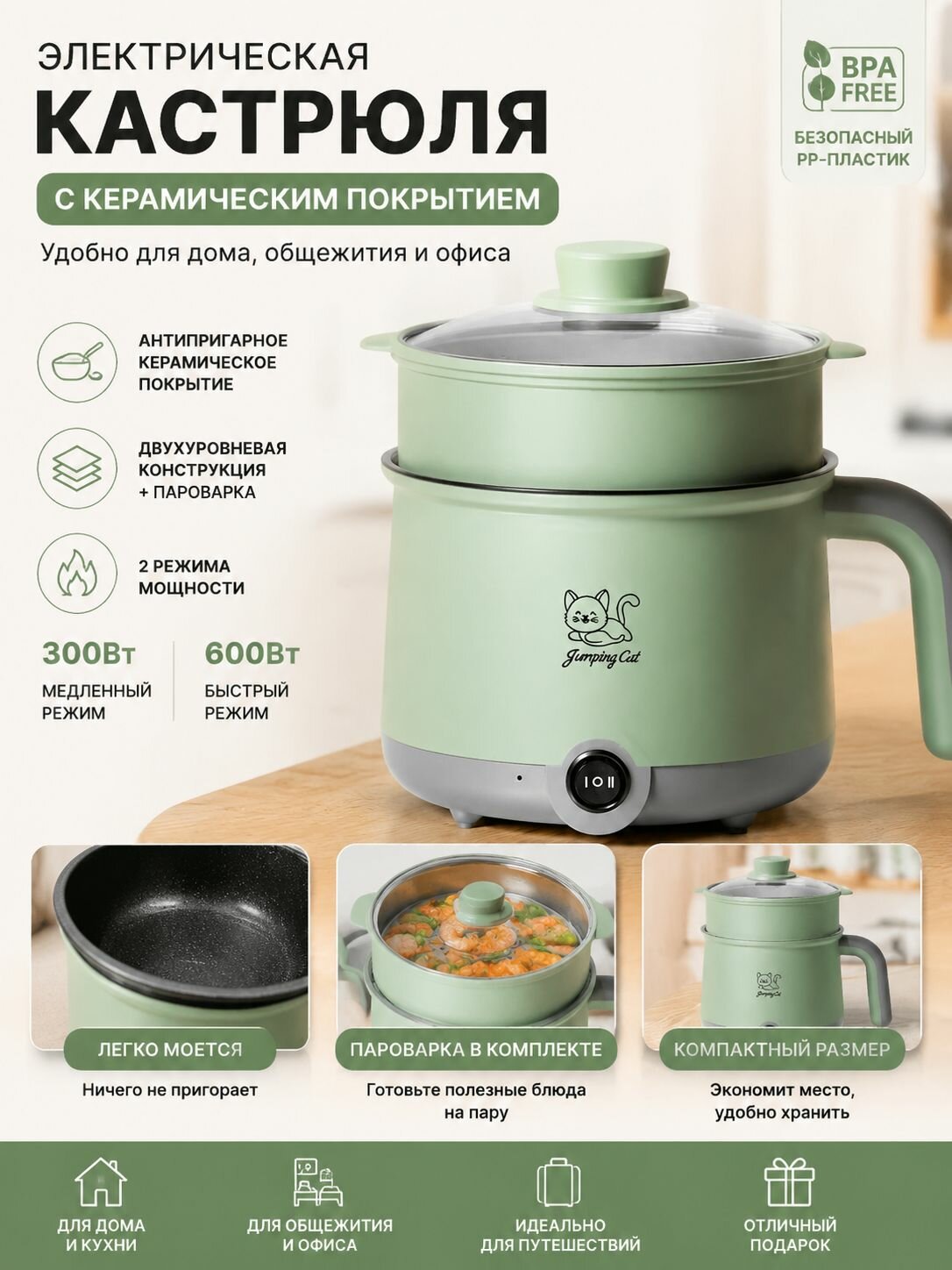 Пароварка электрическая XDG0116-1, зеленый
