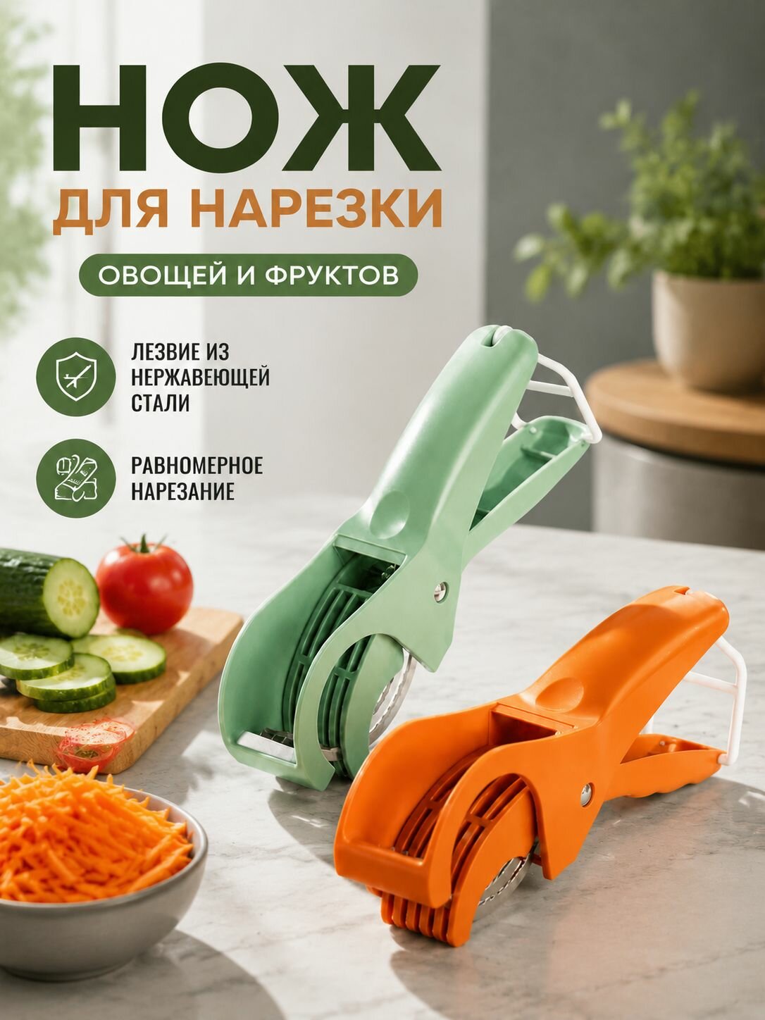 Кухонный слайсер для овощей и фруктов 2 в 1 с прессом для чеснока, компактный, зелёный, 170x38 мм, нержавеющая сталь