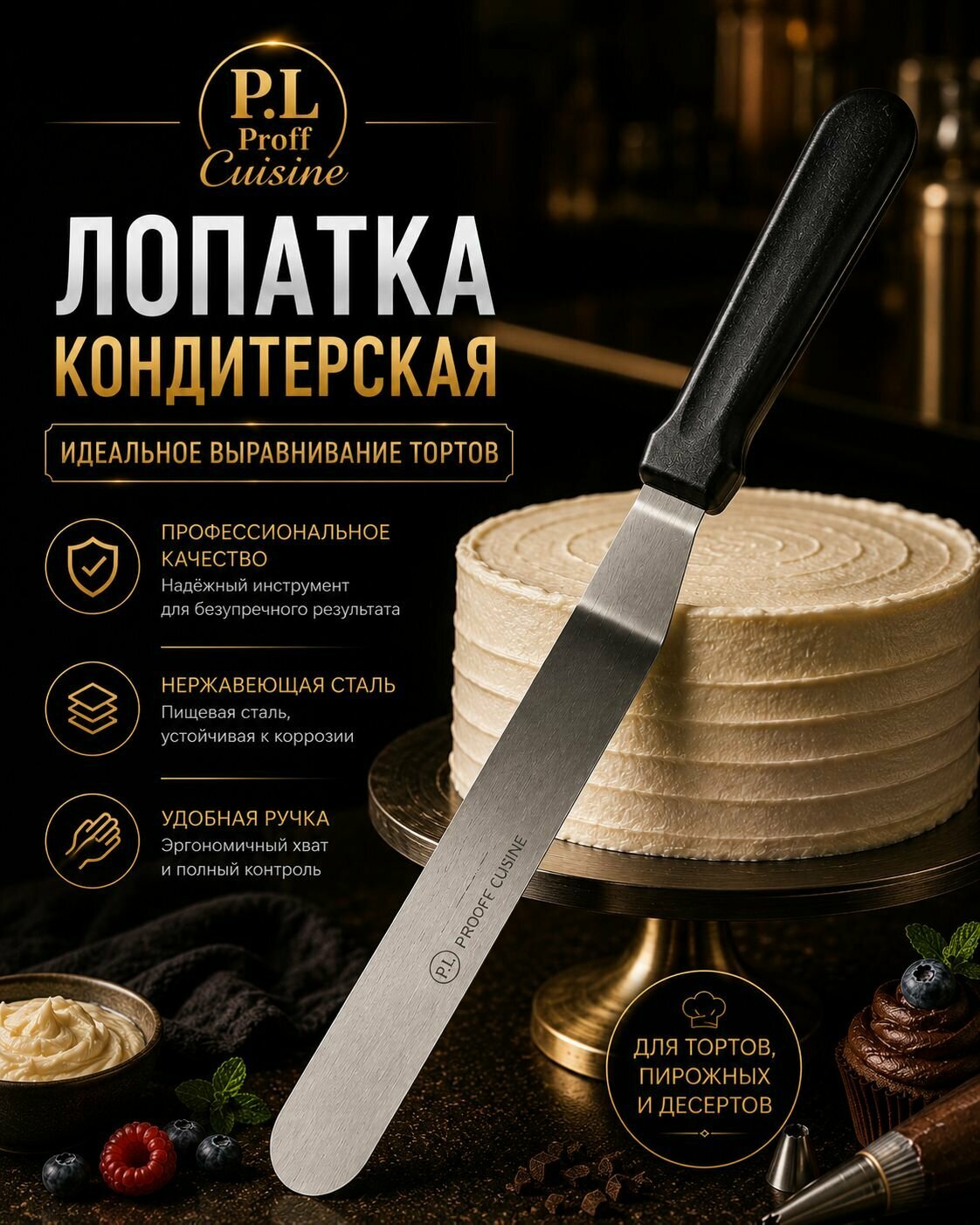 Лопатка кондитерская изогнутая 37 см из нержавеющей стали P.L. Proff Cuisine