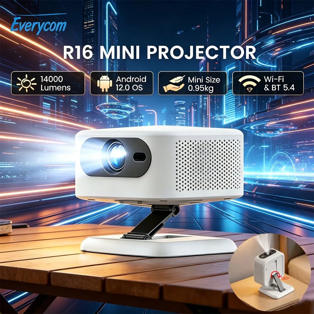 Мини-проектор Everycom R16, 14000 Люмен, Ультралегкий, Портативный, Для Кемпинга И Домашнего Кинотеатра, Android 12