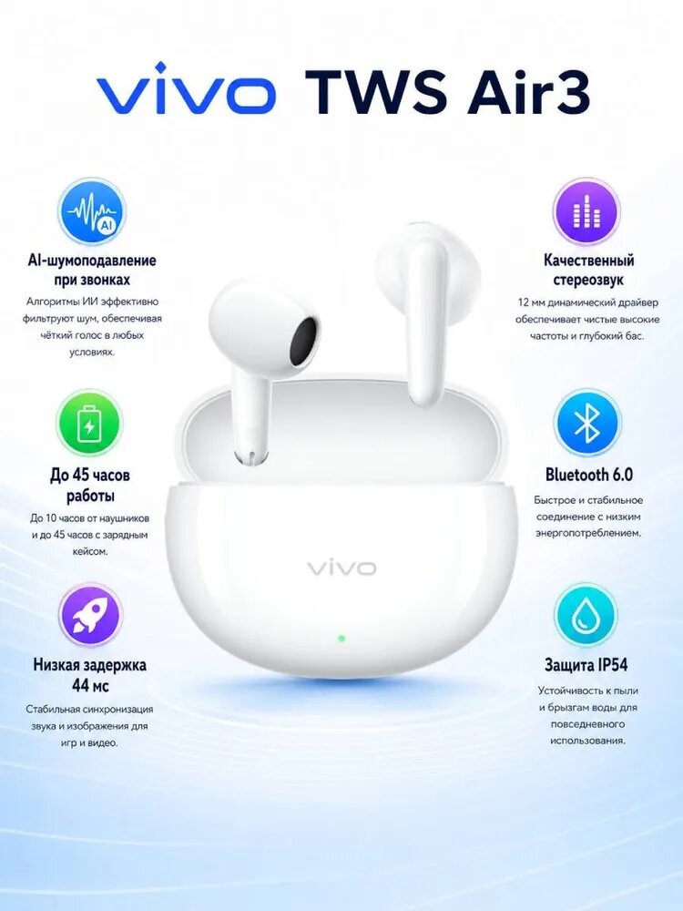 Vivo Наушники беспроводные с микрофоном Vivo TWS Air 3, Bluetooth, USB Type-C, белый