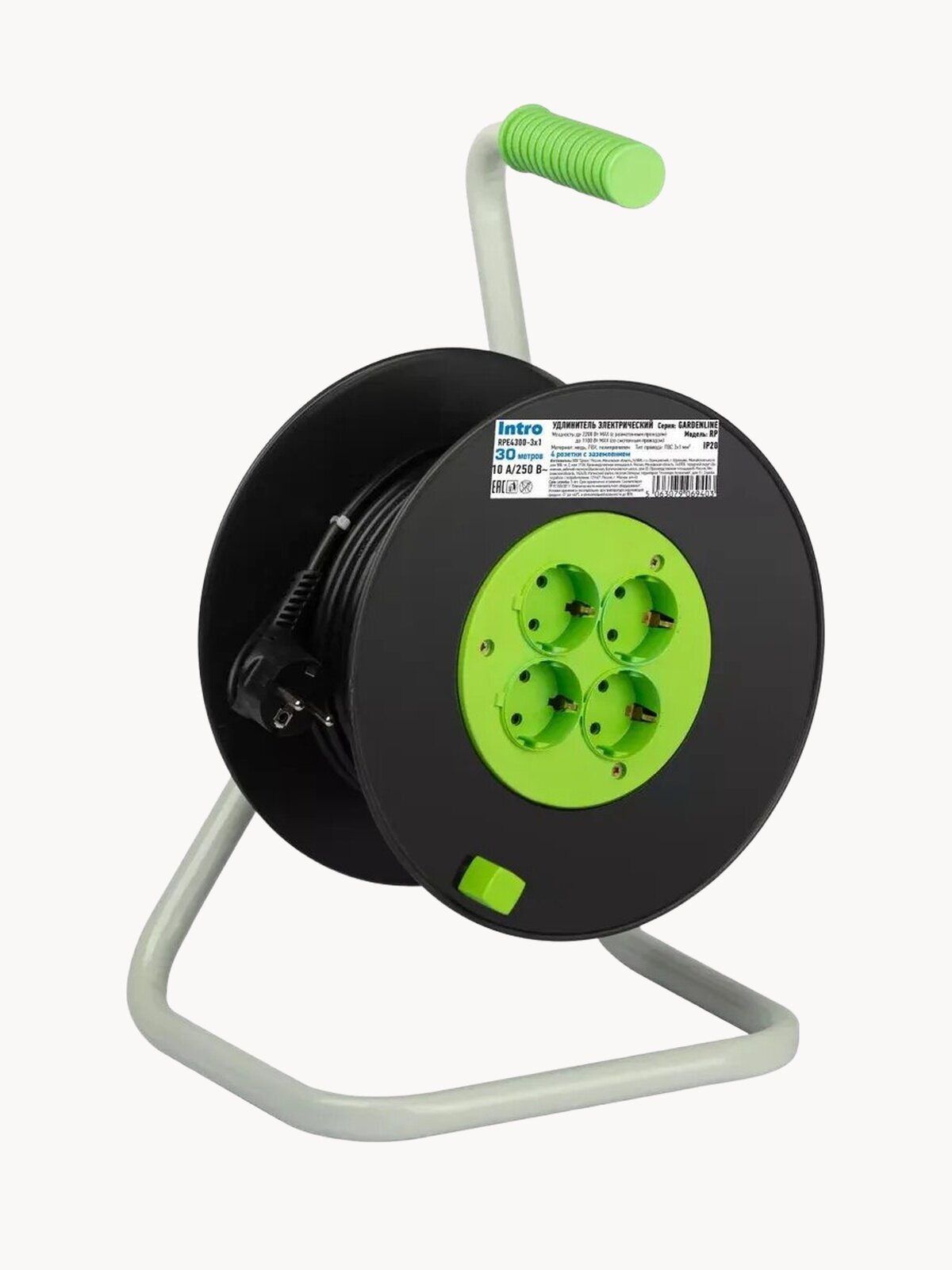 Удлинитель силовой на пластиковой катушке Intro RPE4300-3x1 c заземлением 4 розетки 30м ПВС 3х1мм2