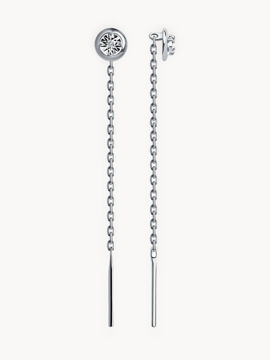 Серьги цепочки, серебро, 925 проба, родирование, бриллиант