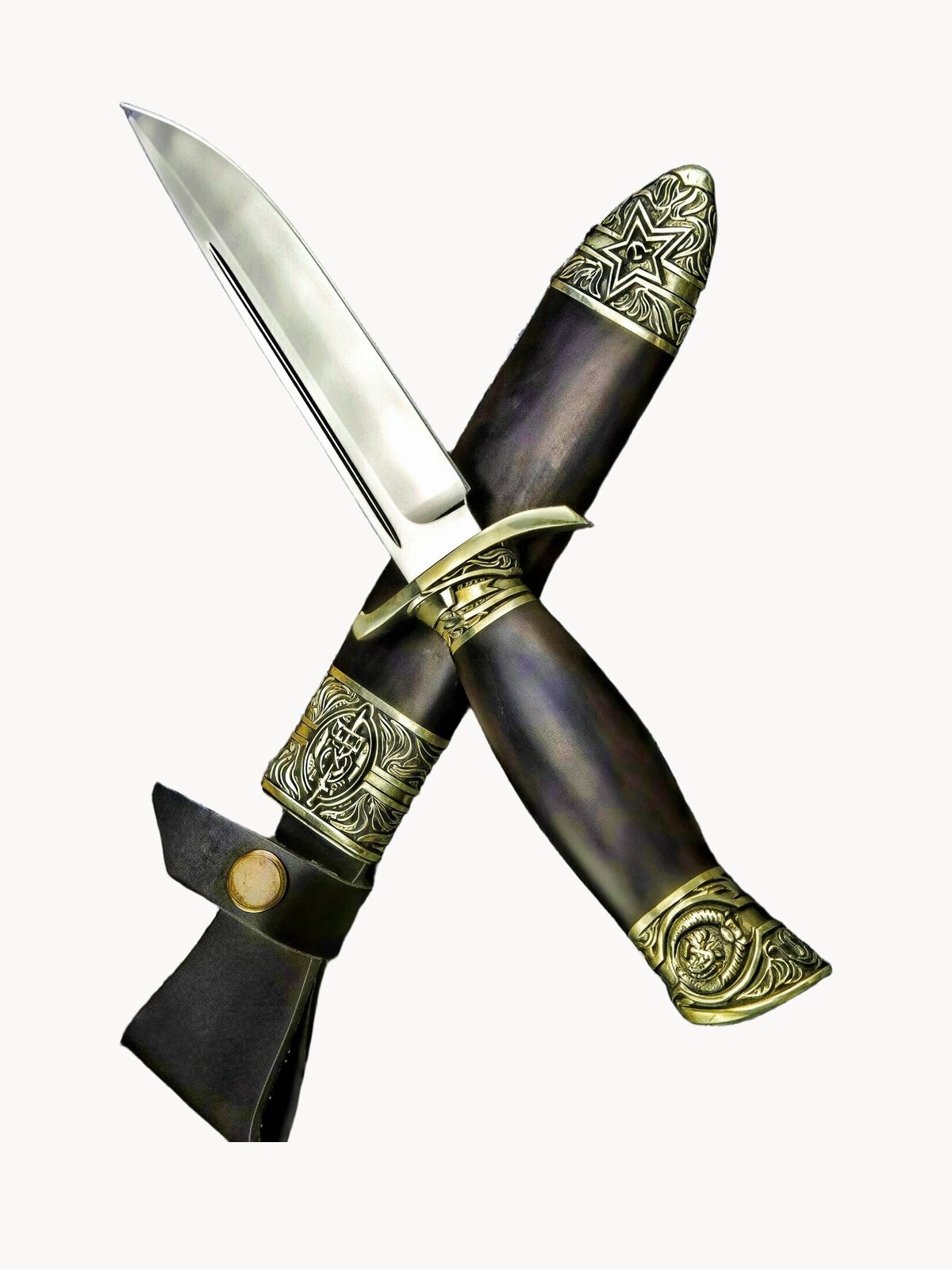 Нож фиксированный клинок финка НКВД звезда бронза , туристический с чехлом