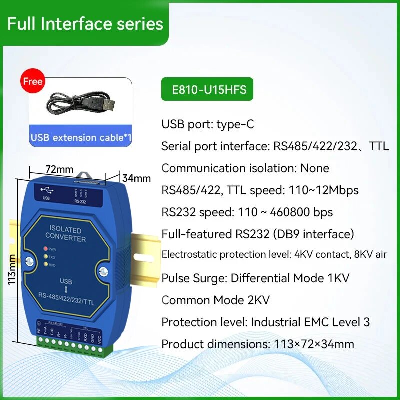 Промышленный оптический преобразователь USB-RS485/RS232/TTL CDEBYTE E810-U E810-U15HFS