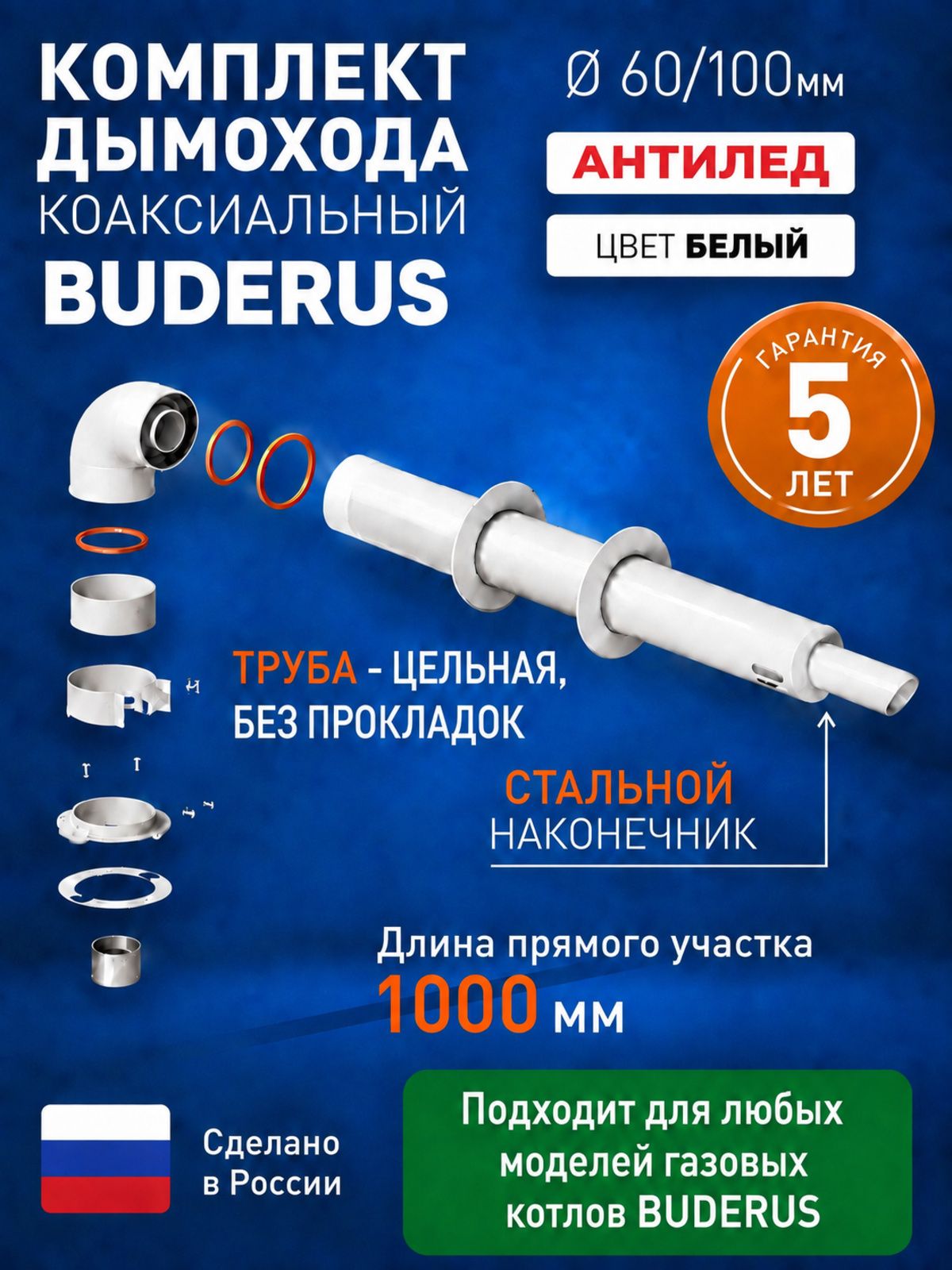 Коаксиальный дымоход 60/100 для газового котла Buderus (Будерус) комплект Антилёд, 1 метр, белый, в стену, любой мощности и любой модели любого года выпуска, Россия