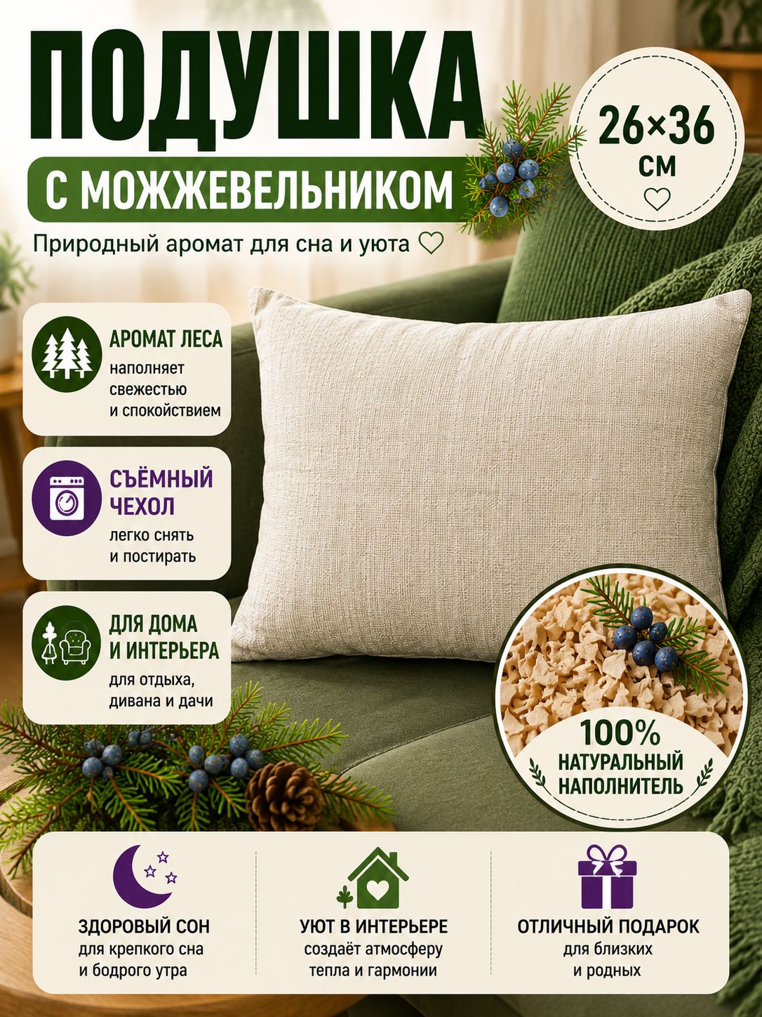Подушка декоративная с можжевельником в чехле для дома и бани, 26x36 "Приятная"