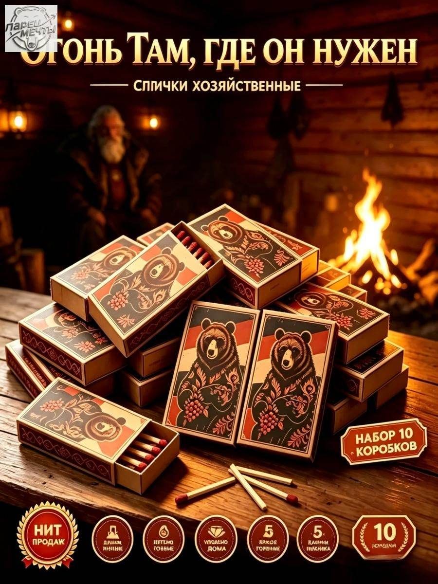 Подарочный набор спичек 10 упаковок, классическая роспись Хохлома с медведем, декоративный сувенир для дома, дачи и коттеджа, оригинальный подарок