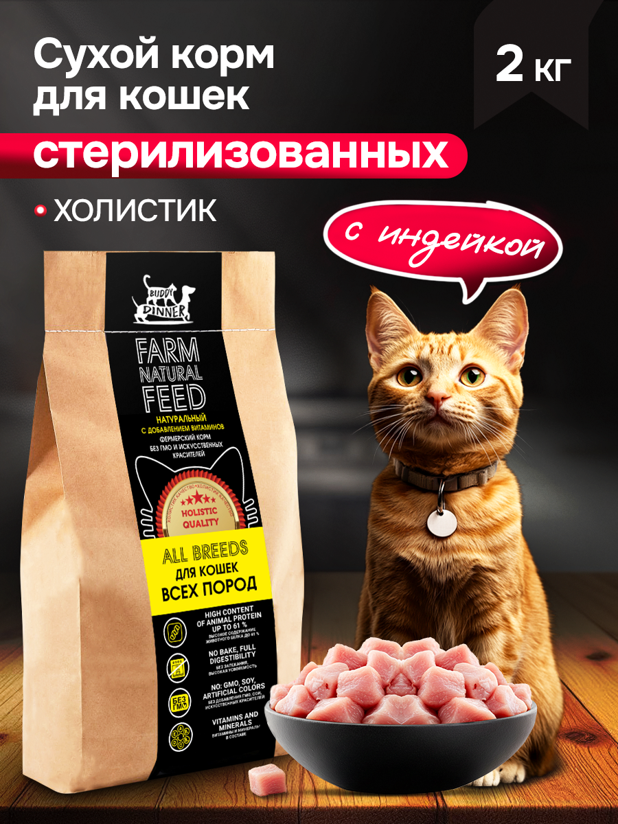 Корм для кошек сухой с индейкой 2 кг, BUDDY DINNER Gold Line холистик