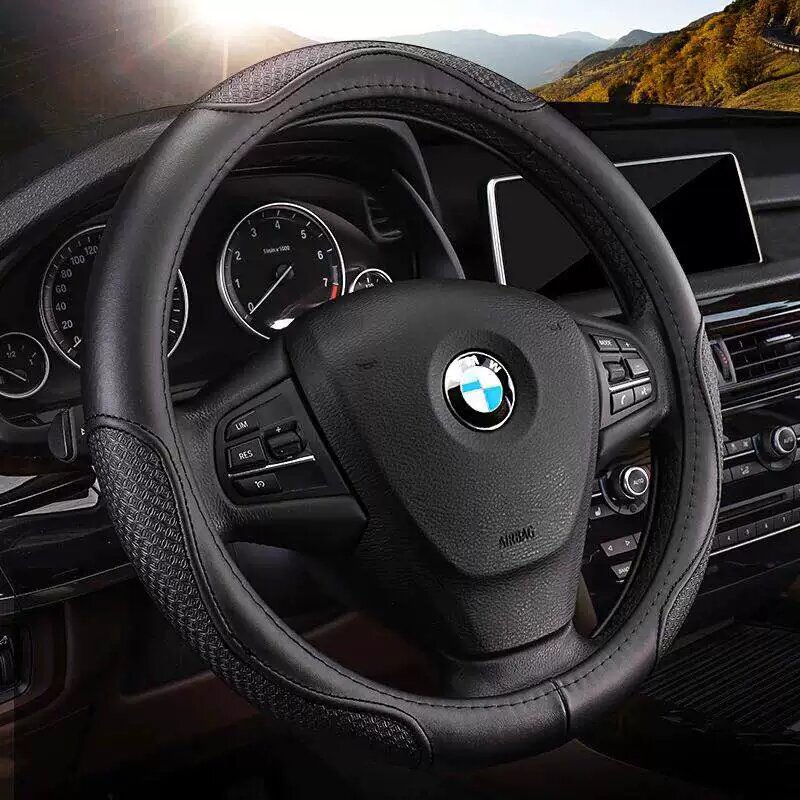 BMW Натуральный кожаный чехол на руль для моделей 3, 5, X1, X3, X5, 1, X2 - Модель 015, Чистый черный
