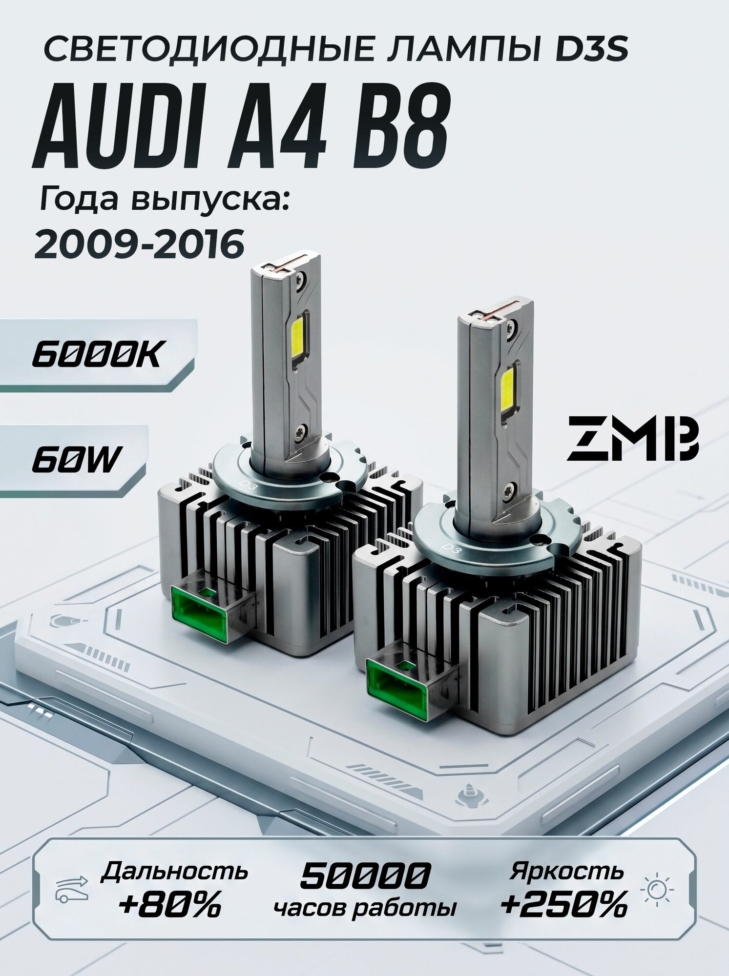 Светодиодные лампы ZMB D3S/R LED 60w на Audi A4 2009-2016 B8 / замена штатных ксеноновых ламп Д3C для Ауди A4