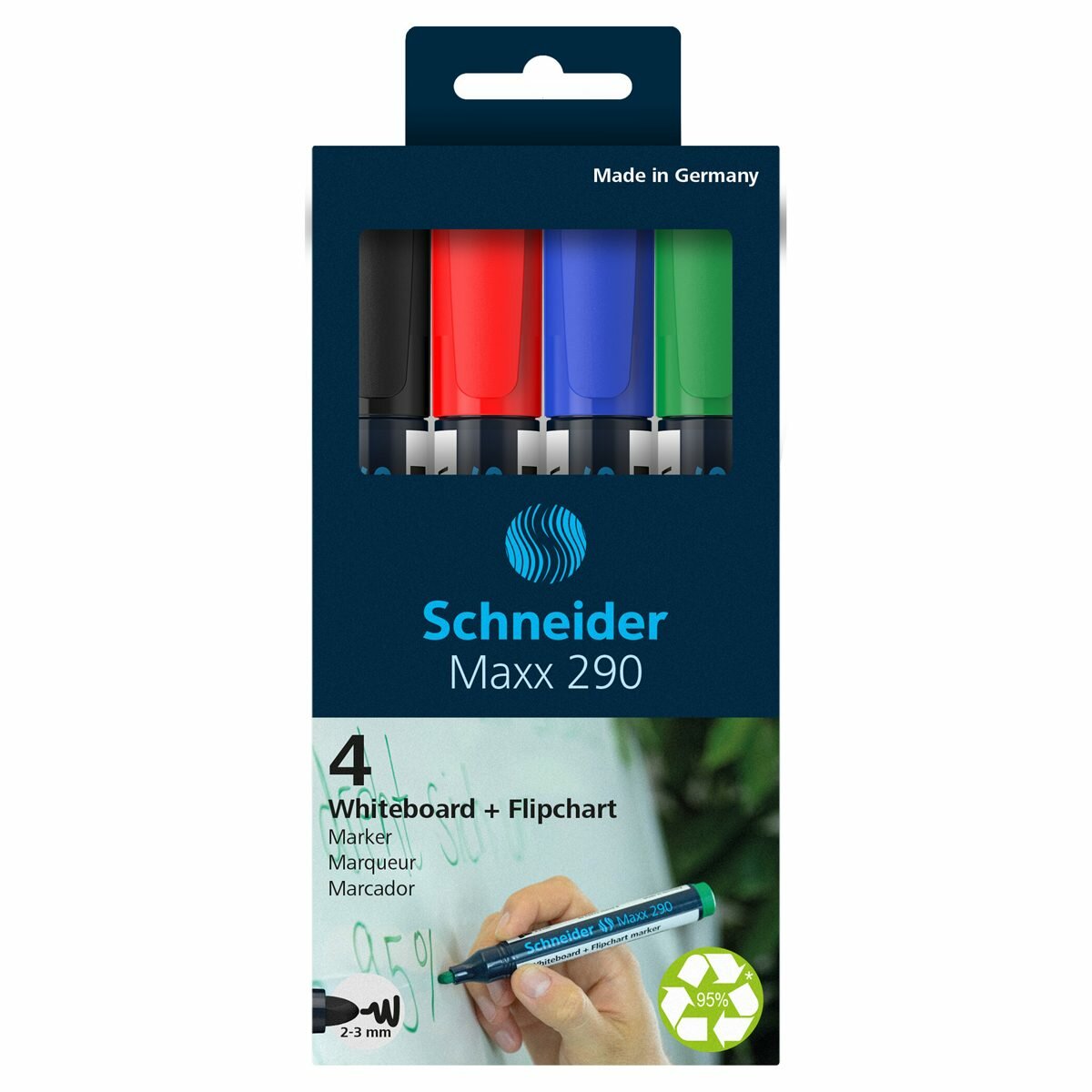 Набор маркеров для досок Schneider Maxx 290 (круглый наконечник, 2-3мм, 4 цвета) 4шт. (129094)