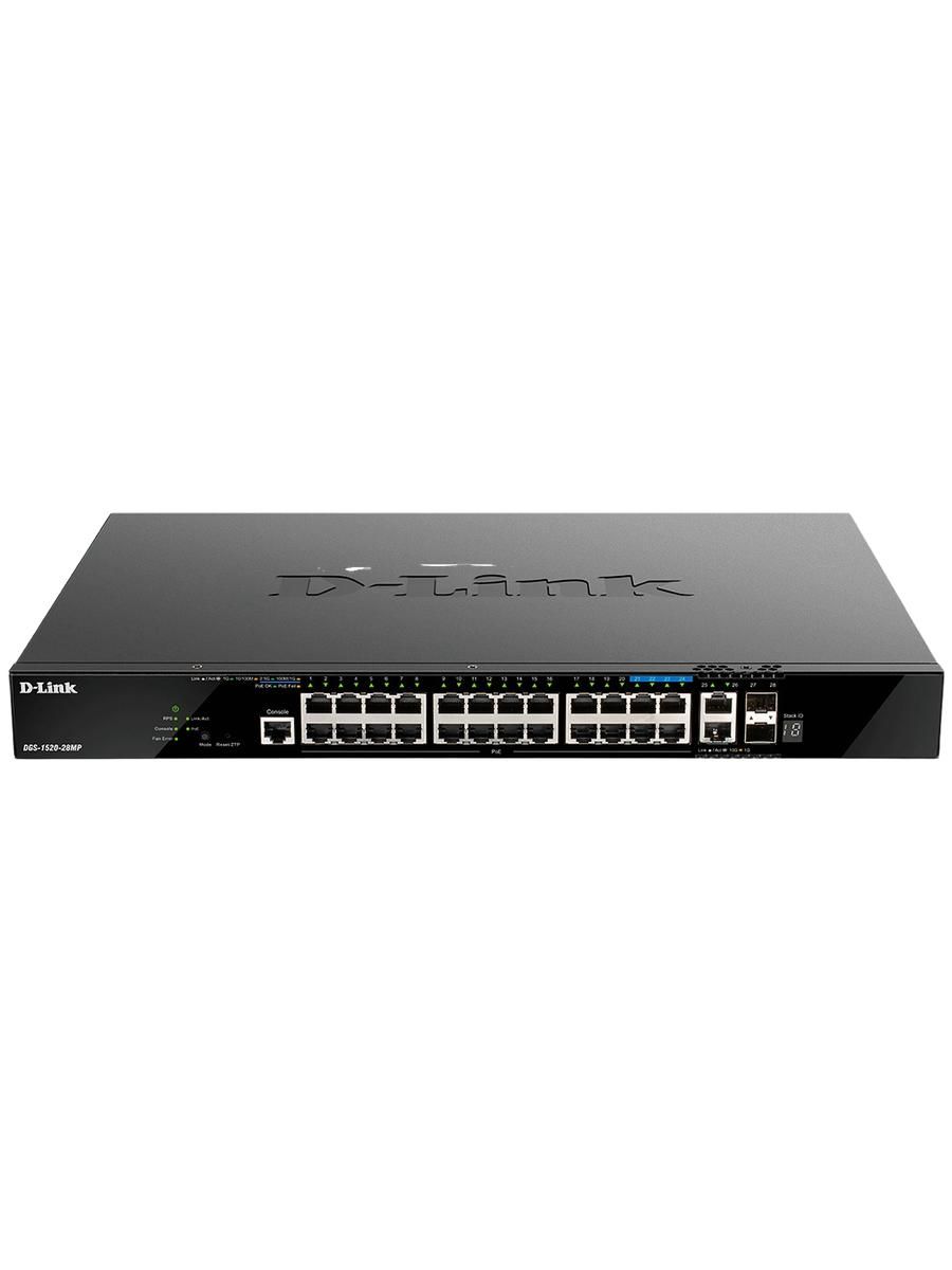 Коммутатор D-Link DGS-1520-28MP, RJ-45, SFP+, 28 портов, 140 Гбит/с, PoE, управляемый, черный