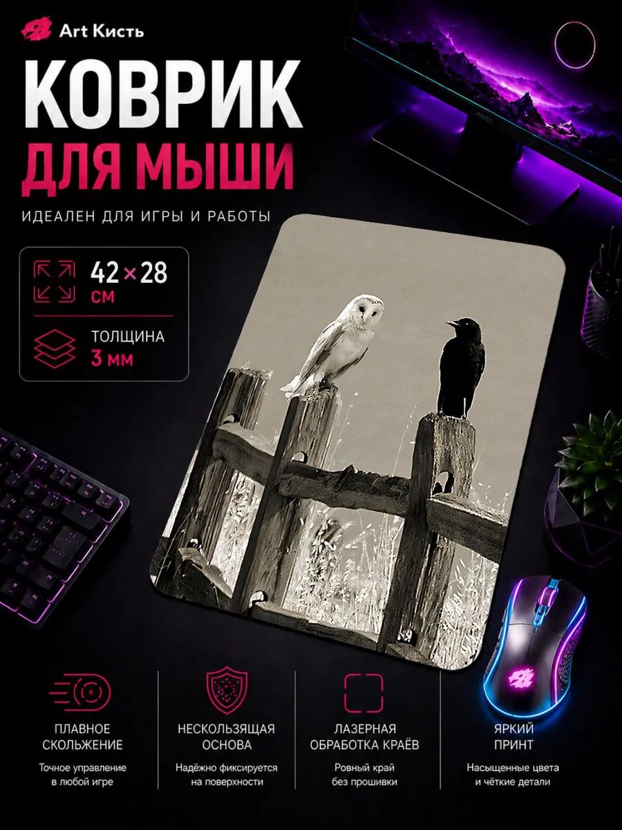Коврик для мыши 42х28 Животные птица ворон и сова филин